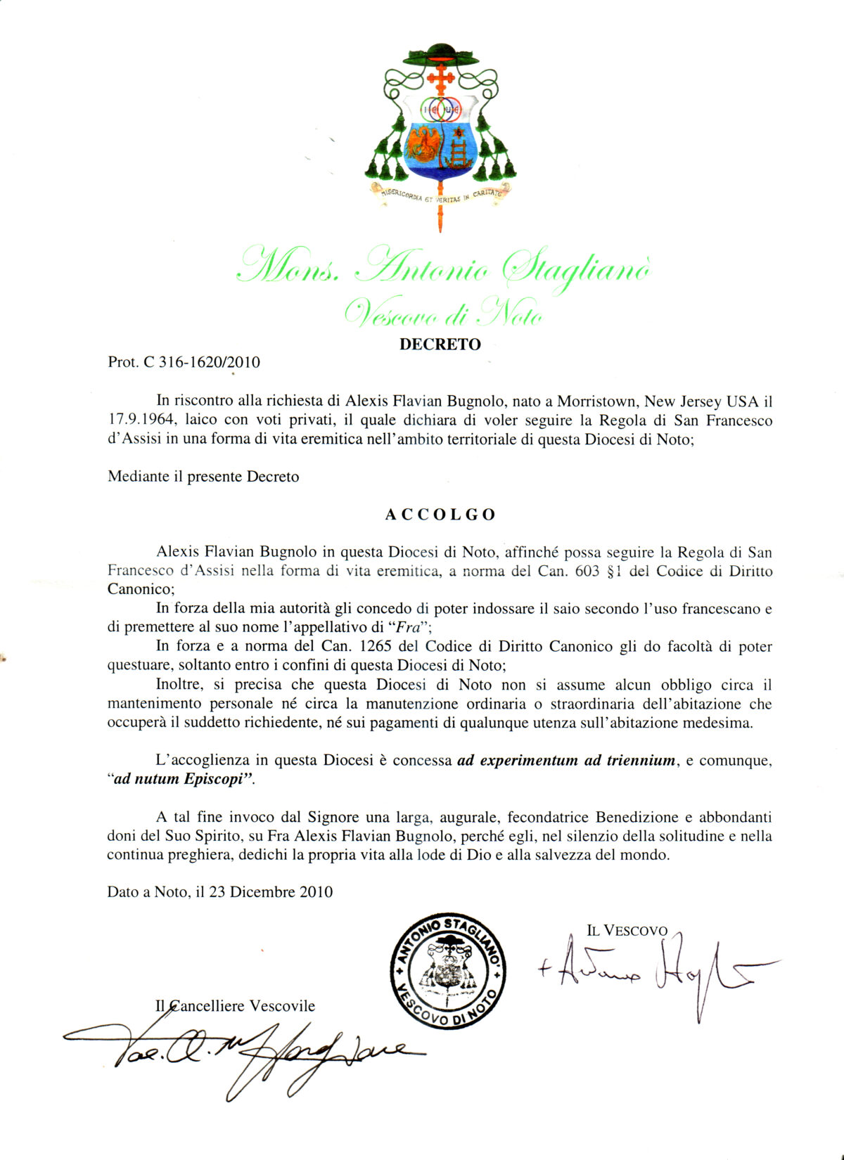 Bishops Letter of Acceptance into Diocese | From Rome