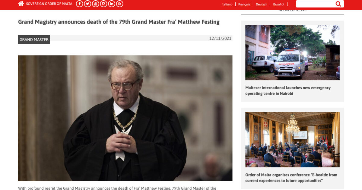 Fra’ Festing, Grand Master of the Knights of Malta passes away at 71 ...