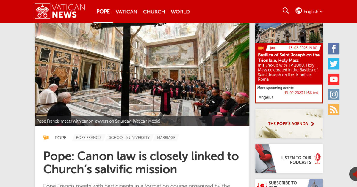 Pope Francis: Love Canon Law, It guides the Church’s Salvific Mission ...