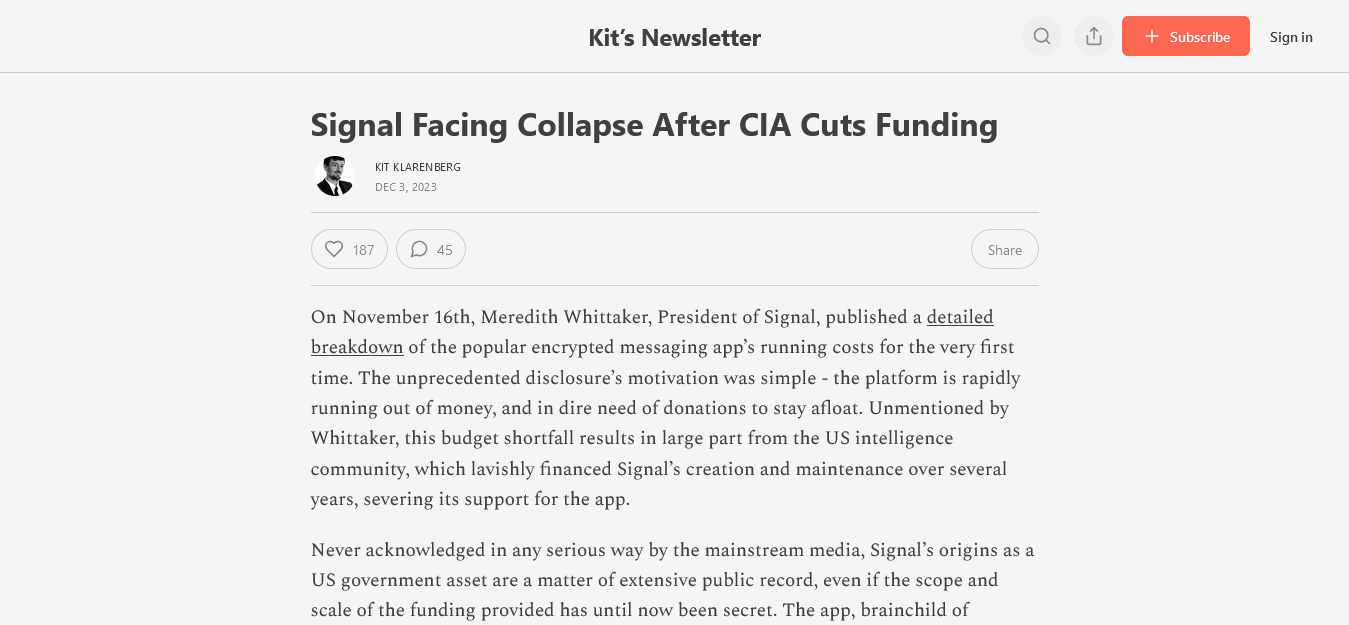 SIGNAL Messaging App facing collapse after CIA Funding yanked | From Rome