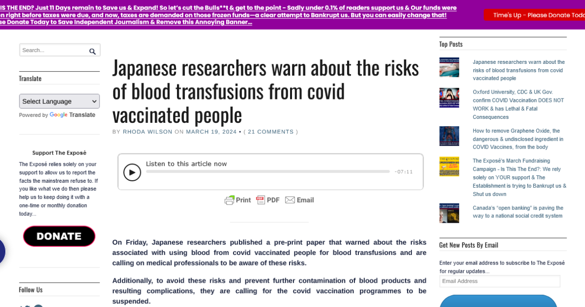 JAPAN: Researchers warn against dangers of Blood Transfusions from the DeathVaxxed | From Rome