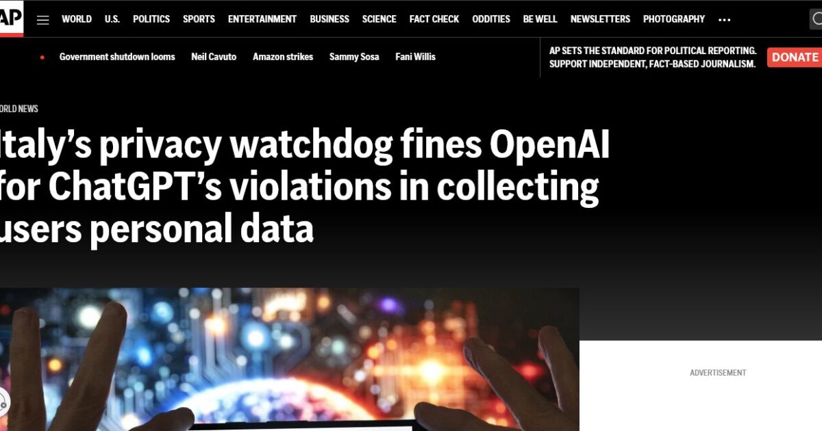 ITALY fines OpenAI for ChatGPT’s use of personal data | From Rome