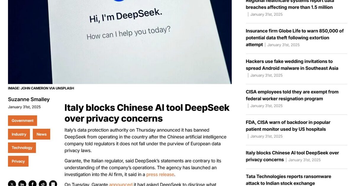 ITALY bans CCP DeepSeek AI Bot from operating in country | From Rome