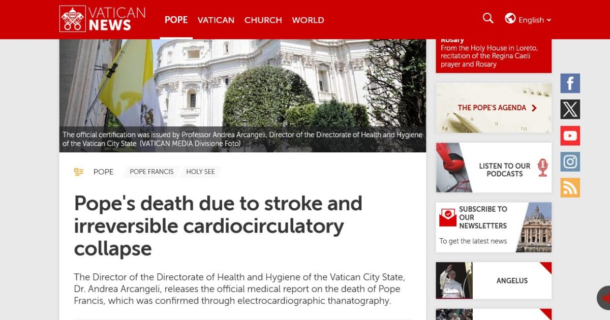 VATICAN: Dr. Arcangeli confirms death by stroke & cardiocirculatory ...